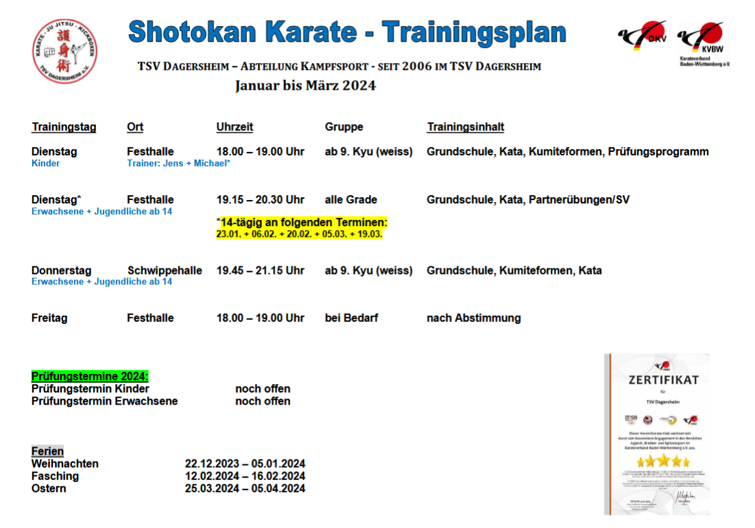 Shotokan Karate Trainingszeiten und Trainer – Kampfsport Dagersheim